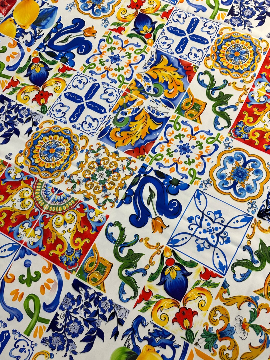 Sicilian Majolica Pattern Crepe Fabric / Italian Tile / Colorful Motifs ...