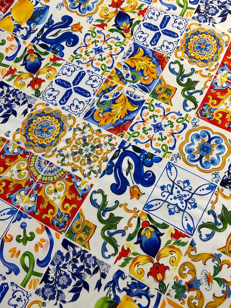 Sicilian Majolica Pattern Crepe Fabric / Italian Tile / Colorful Motifs ...