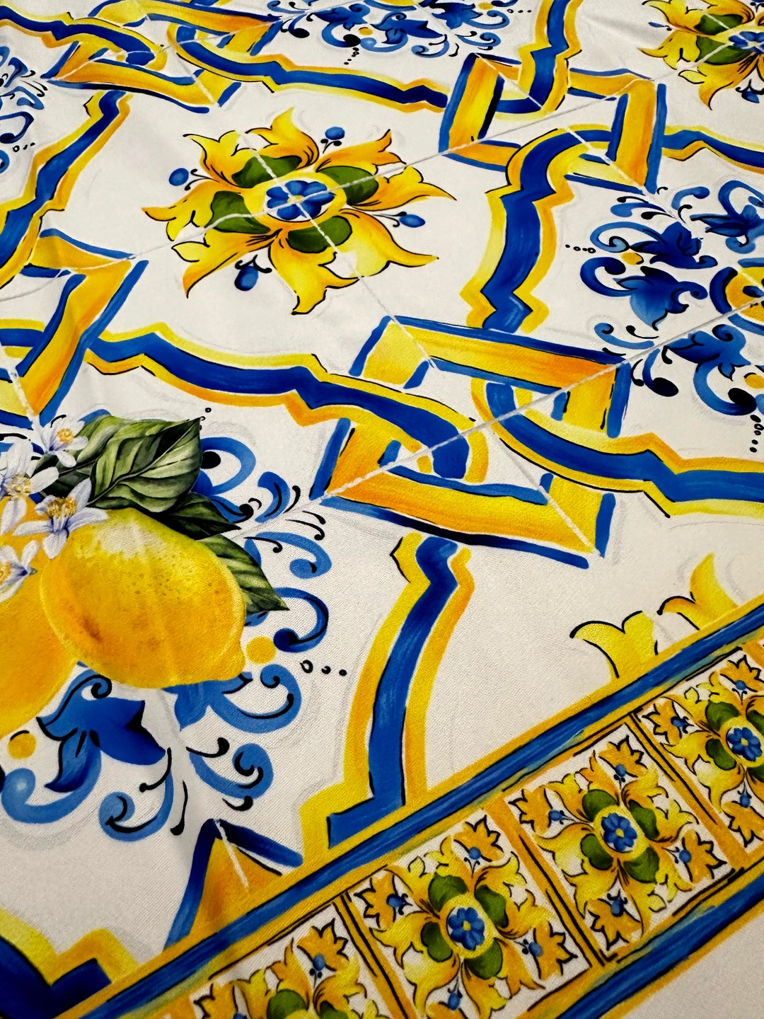 Sicilian Majolica Print Crepe Fabric / Lemon Branches and Mediterranean ...