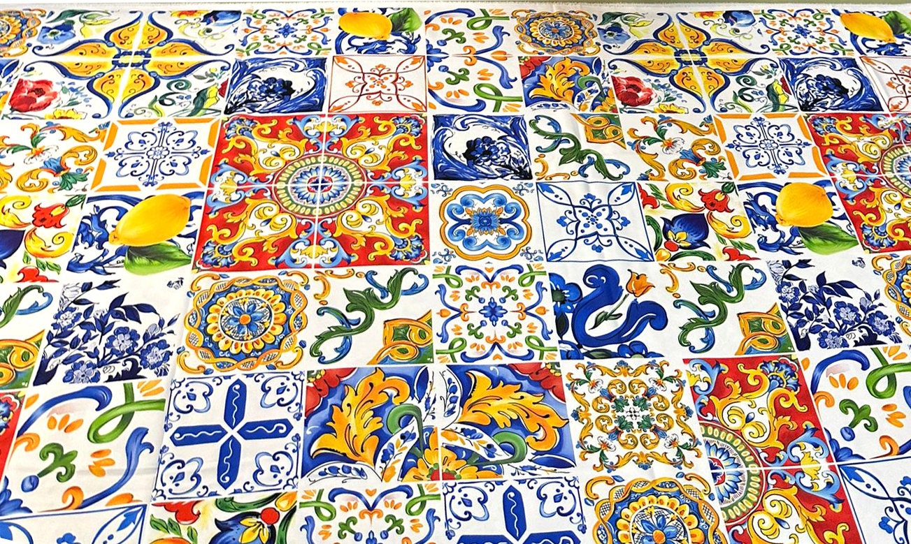 Sicilian Majolica Pattern Crepe Fabric / Italian Tile / Colorful Motifs ...