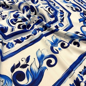 Blue Sicilian Majolica Print Crepe Fabric / Italian Style Fabric ...