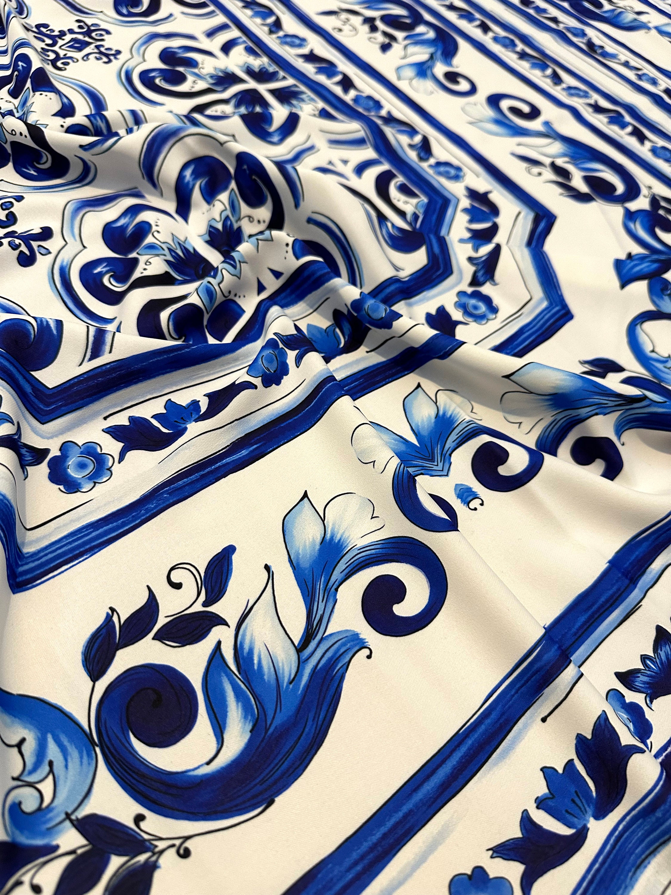Blue Sicilian Majolica Print Crepe Fabric / Italian Style Fabric ...
