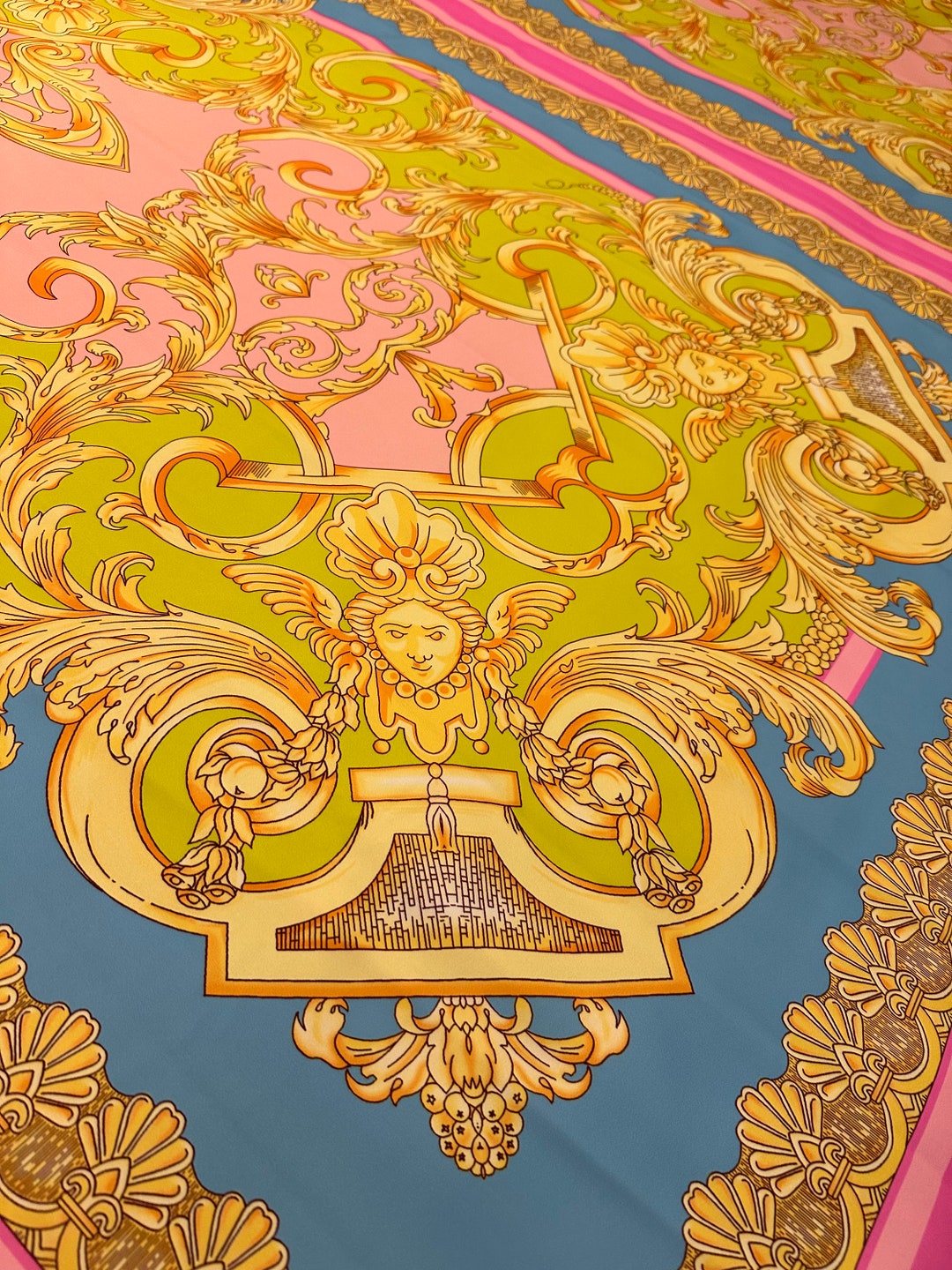 Golden Baroque Print Crepe Fabric / Golden Medusa Head, Golden Baroque ...