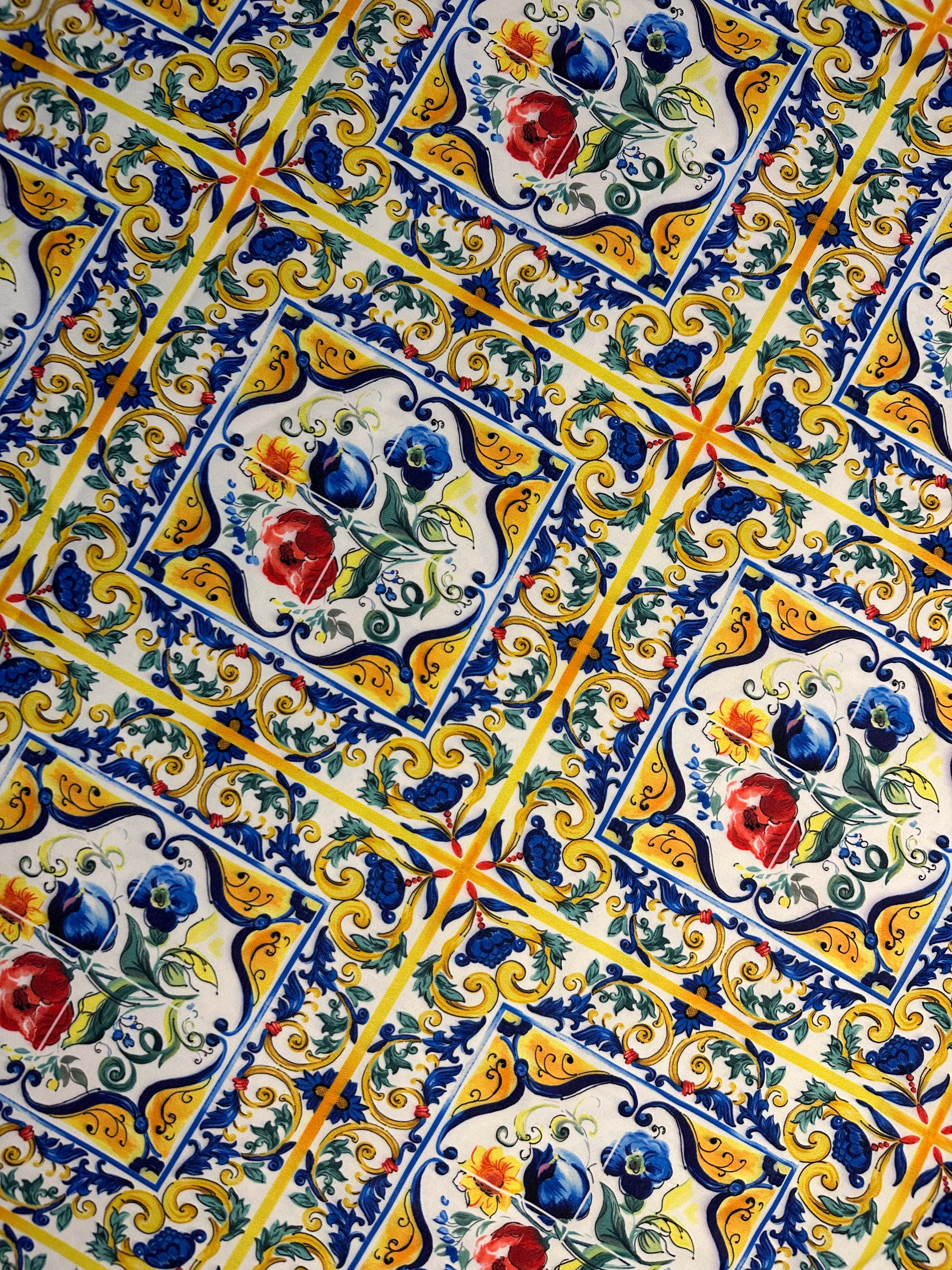 Italian Majolica Print Crepe Fabric, Sicilian Tile, Watercolor Floral ...