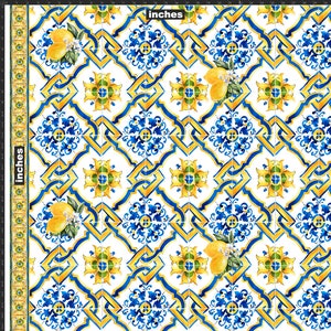Sicilian Majolica Print Crepe Fabric / Lemon Branches and Mediterranean ...