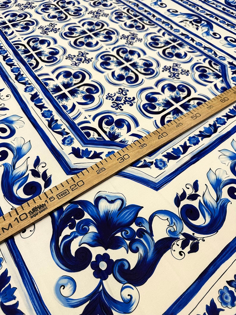 Blue Sicilian Majolica Print Crepe Fabric / Italian Style Fabric ...