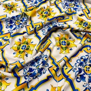 Sicilian Majolica Print Crepe Fabric / Lemon Branches and Mediterranean ...