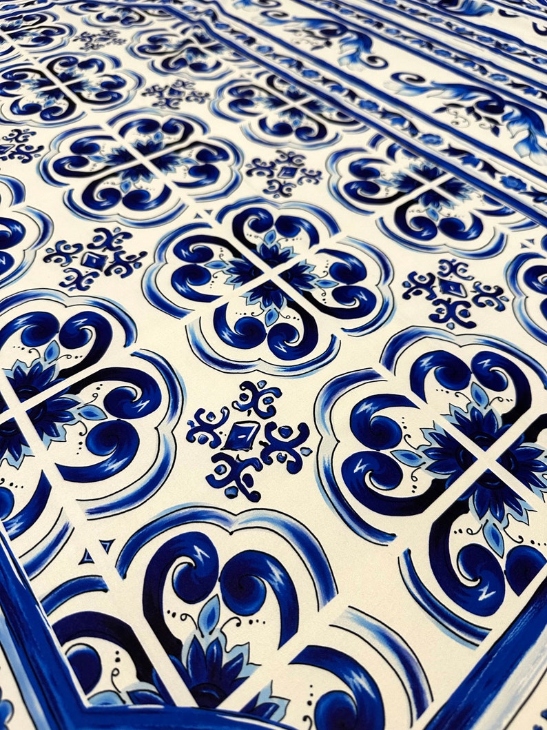 Blue Sicilian Majolica Print Crepe Fabric / Italian Style Fabric ...