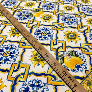 Sicilian Majolica Print Crepe Fabric / Lemon Branches and Mediterranean ...