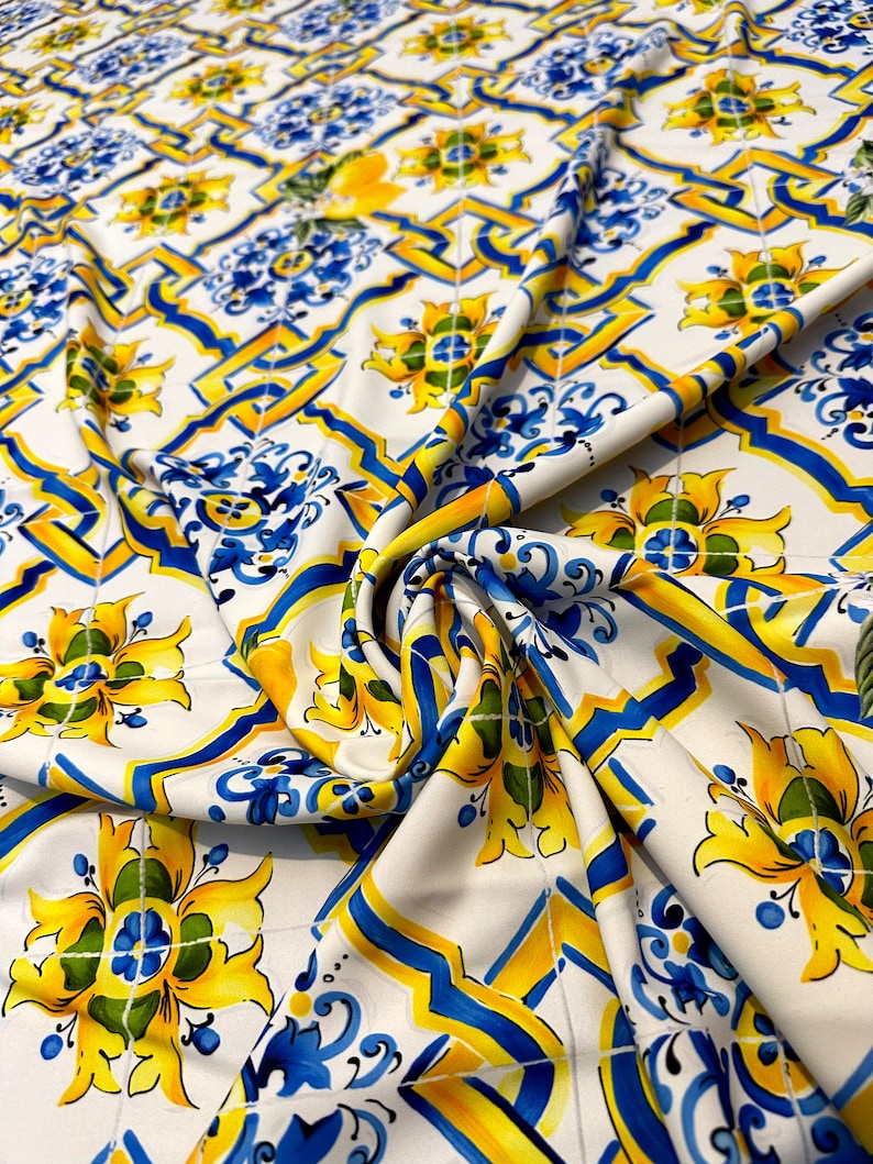 Sicilian Majolica Print Crepe Fabric / Lemon Branches and Mediterranean ...