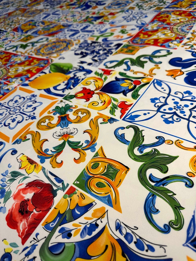 Sicilian Majolica Pattern Crepe Fabric / Italian Tile / Colorful Motifs ...