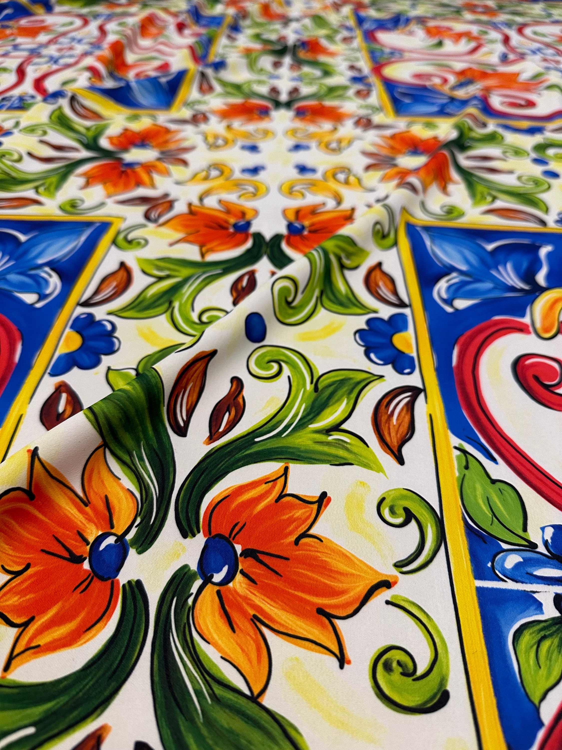 Sicilian Majolica Print Crepe Fabric / Italian Majolica / Mediterranean ...