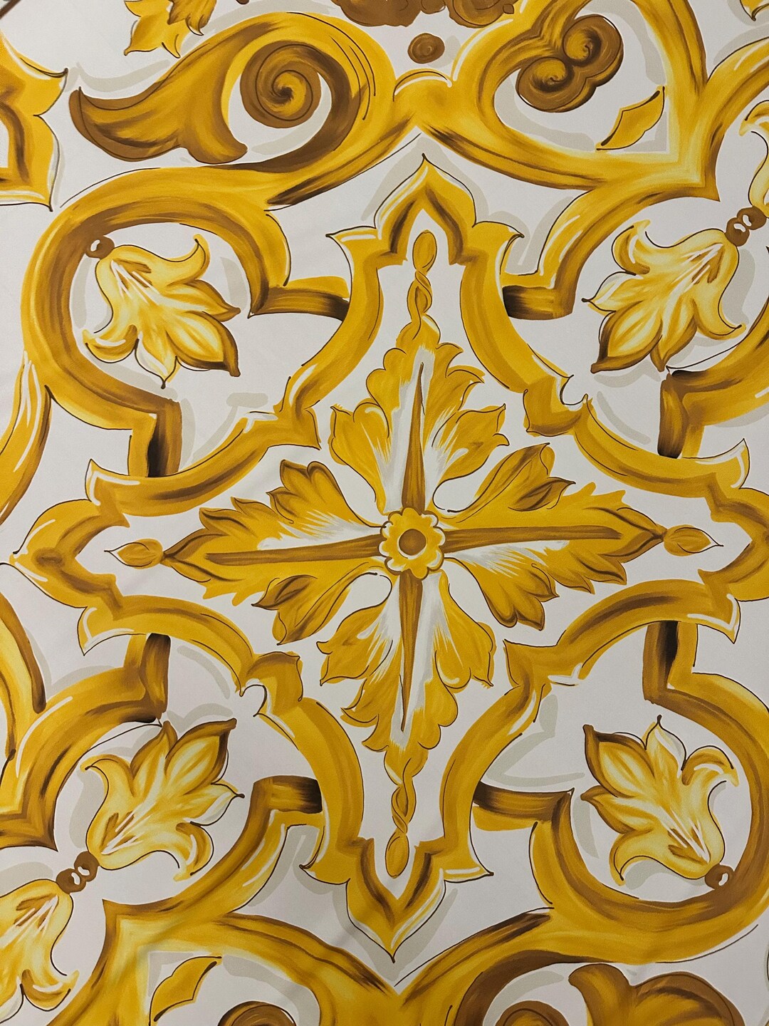Yellow Majolica Print Crepe Fabric / Big Sicilian Majolica Pattern ...