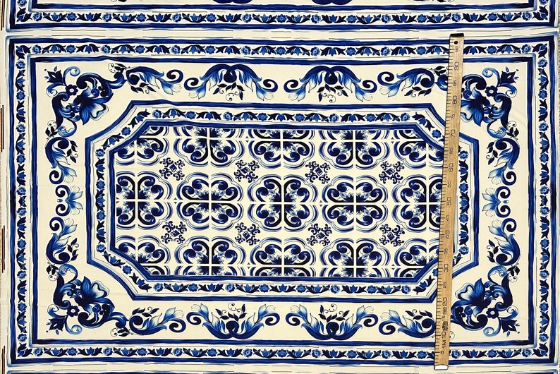 Blue Sicilian Majolica Print Crepe Fabric, Italian Style (150cm Width ...