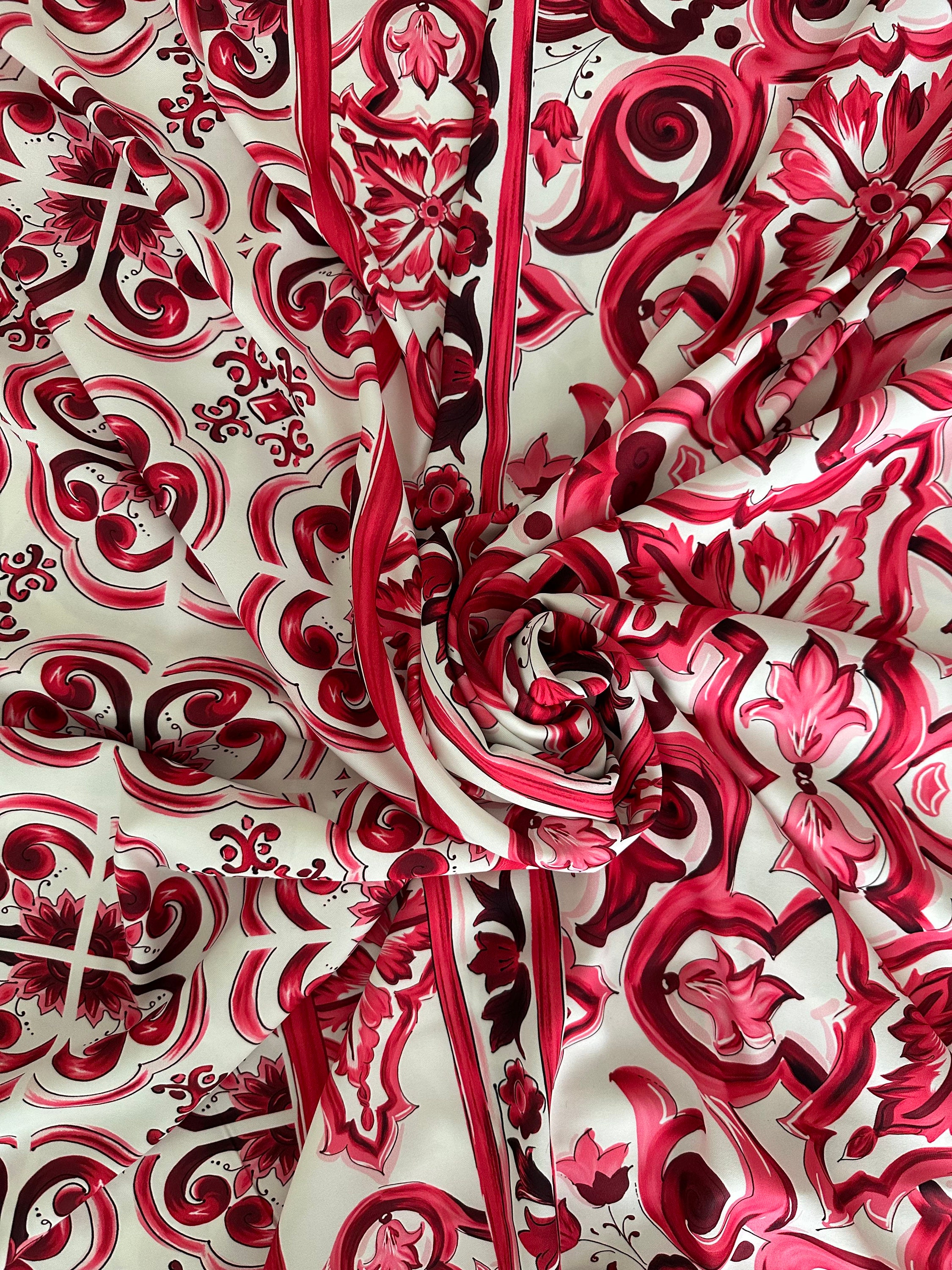 Italian Majolica Print Crepe Fabric / Magenta Red and Green ...