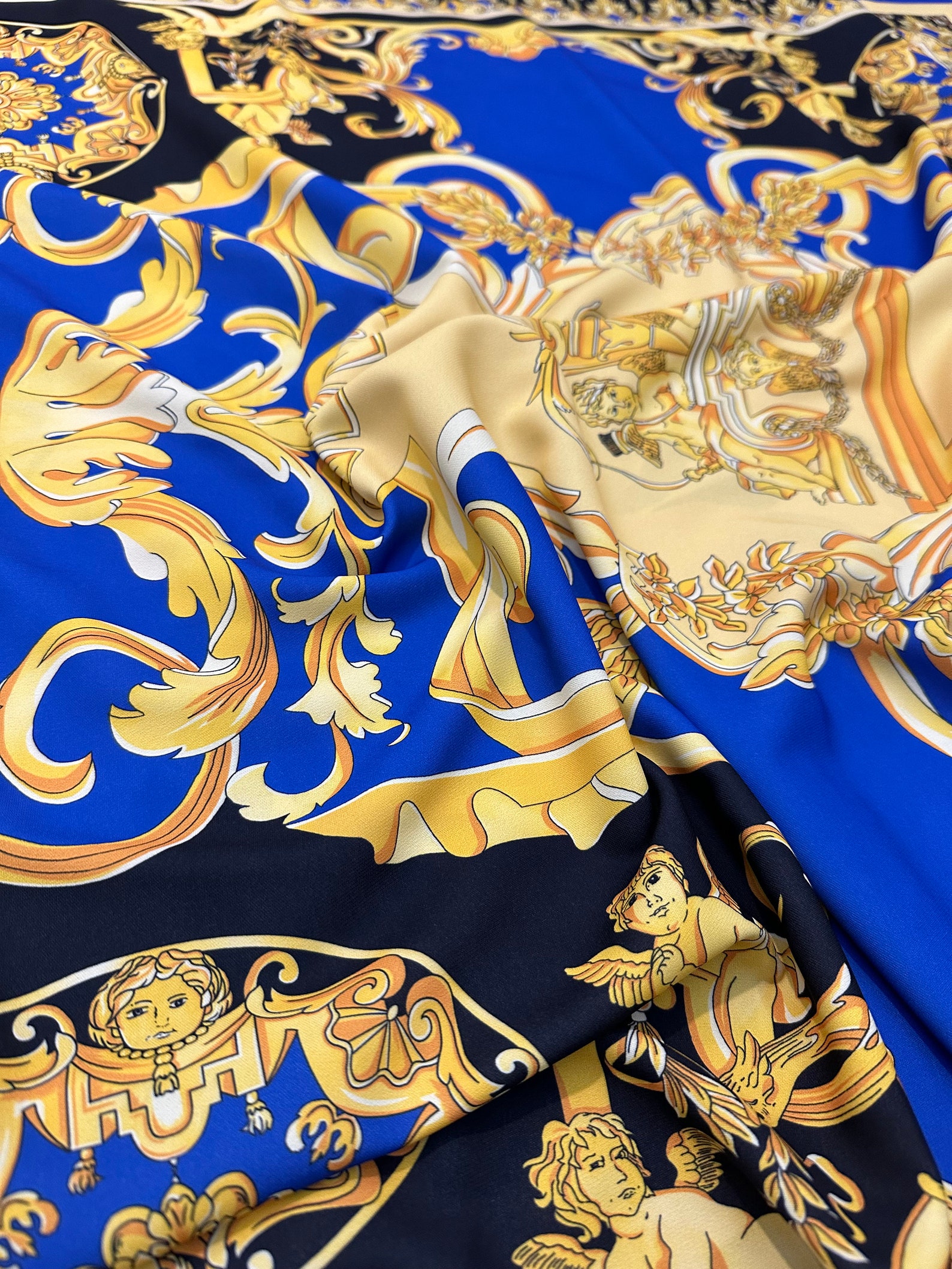 Golden Baroque Print Crepe Fabric / Golden Angels and Golden Ornaments ...