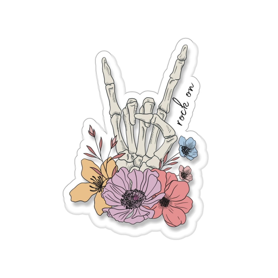Rock on Skeleton Sticker, Skeleton Hand With Flowers, Kiss-cut Sticker ...