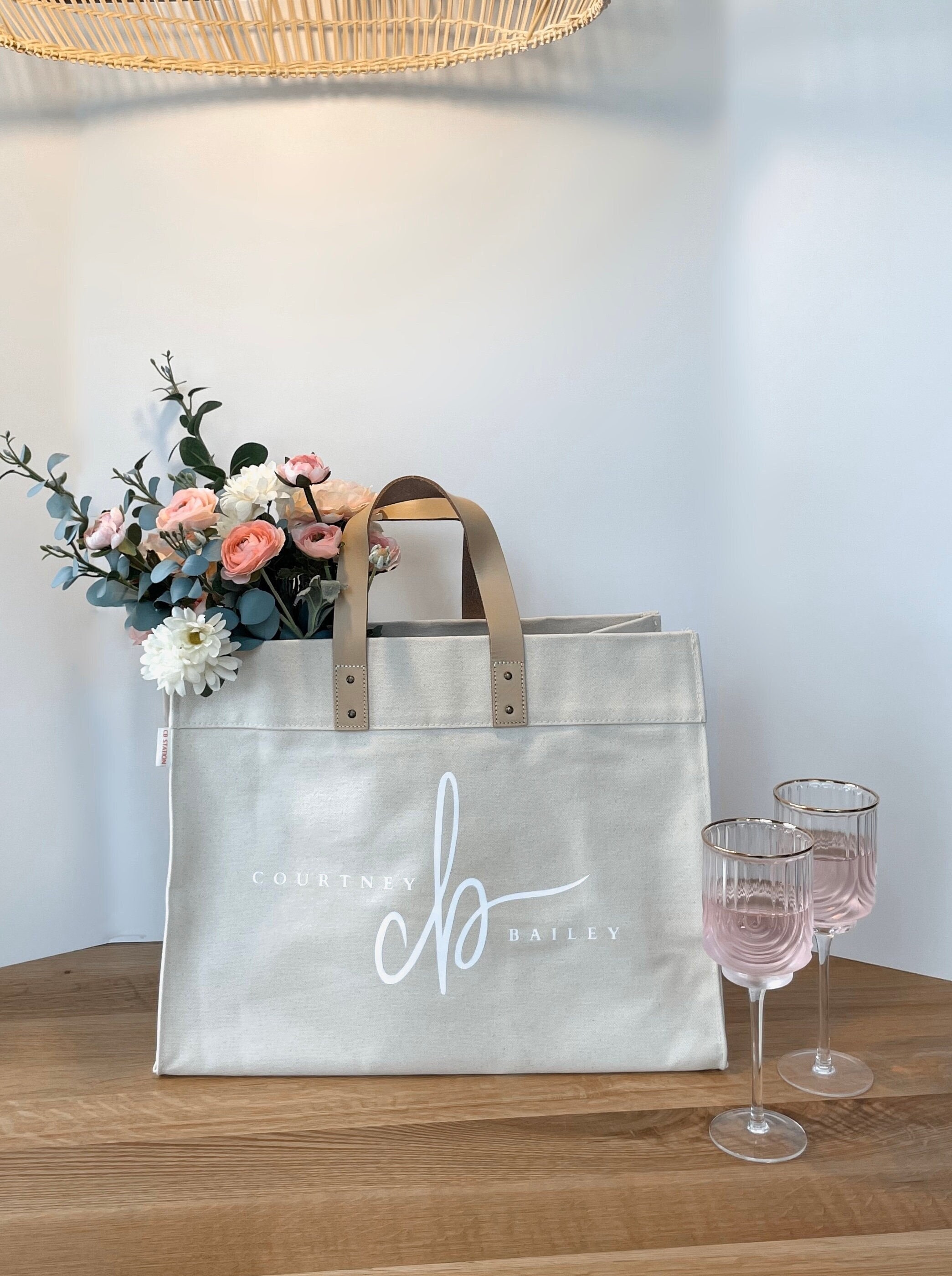 Luxury Bridal Party Canvas Tote With Leather Handles - Etsy