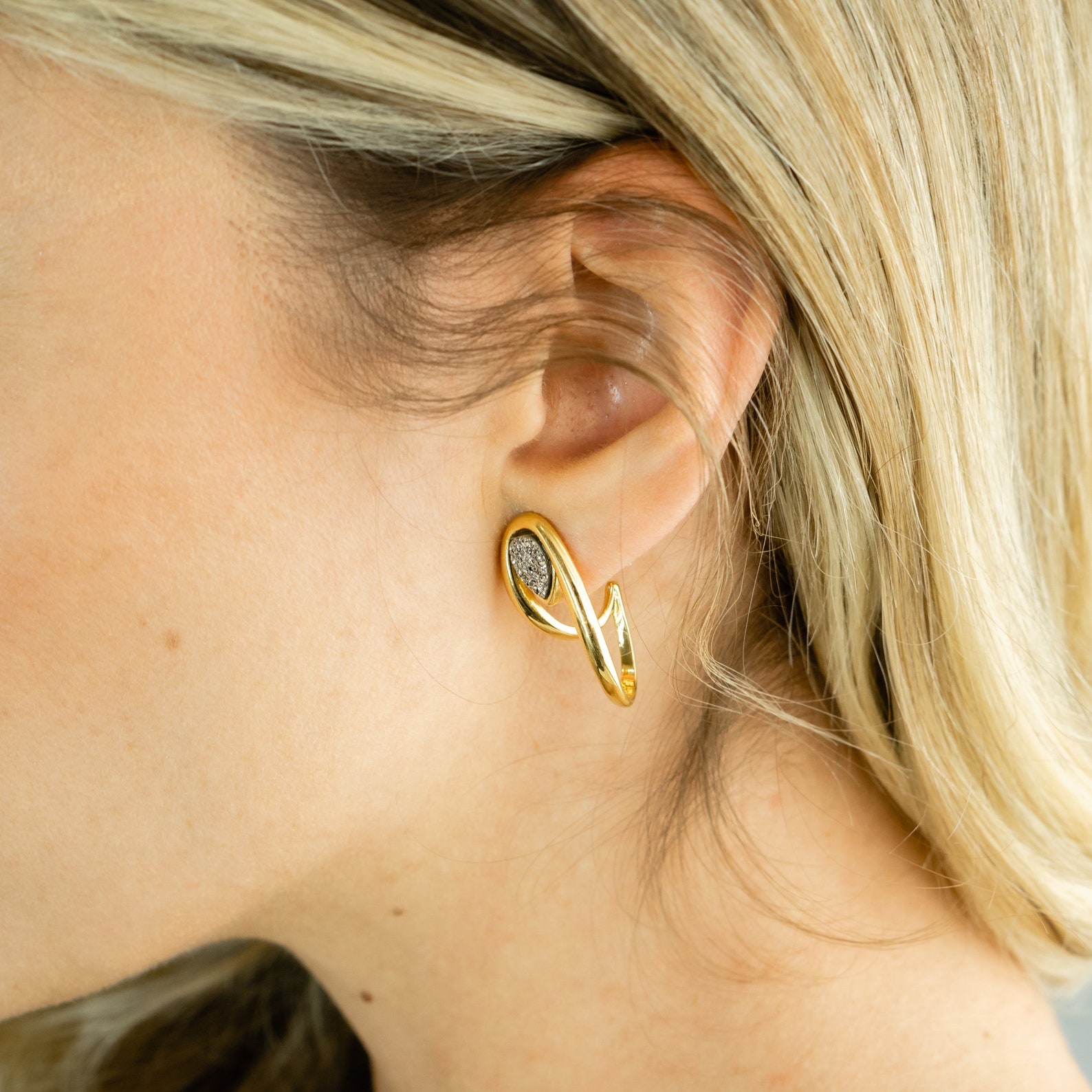 Curve Earrings, 18k Gold Plated With Druze Platinum Natural Stone - Etsy