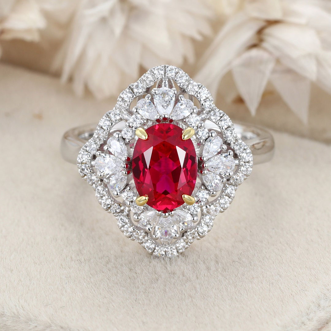 Oval Cut Lab Grown Ruby Engagement Ring White Gold Moissanite Double ...