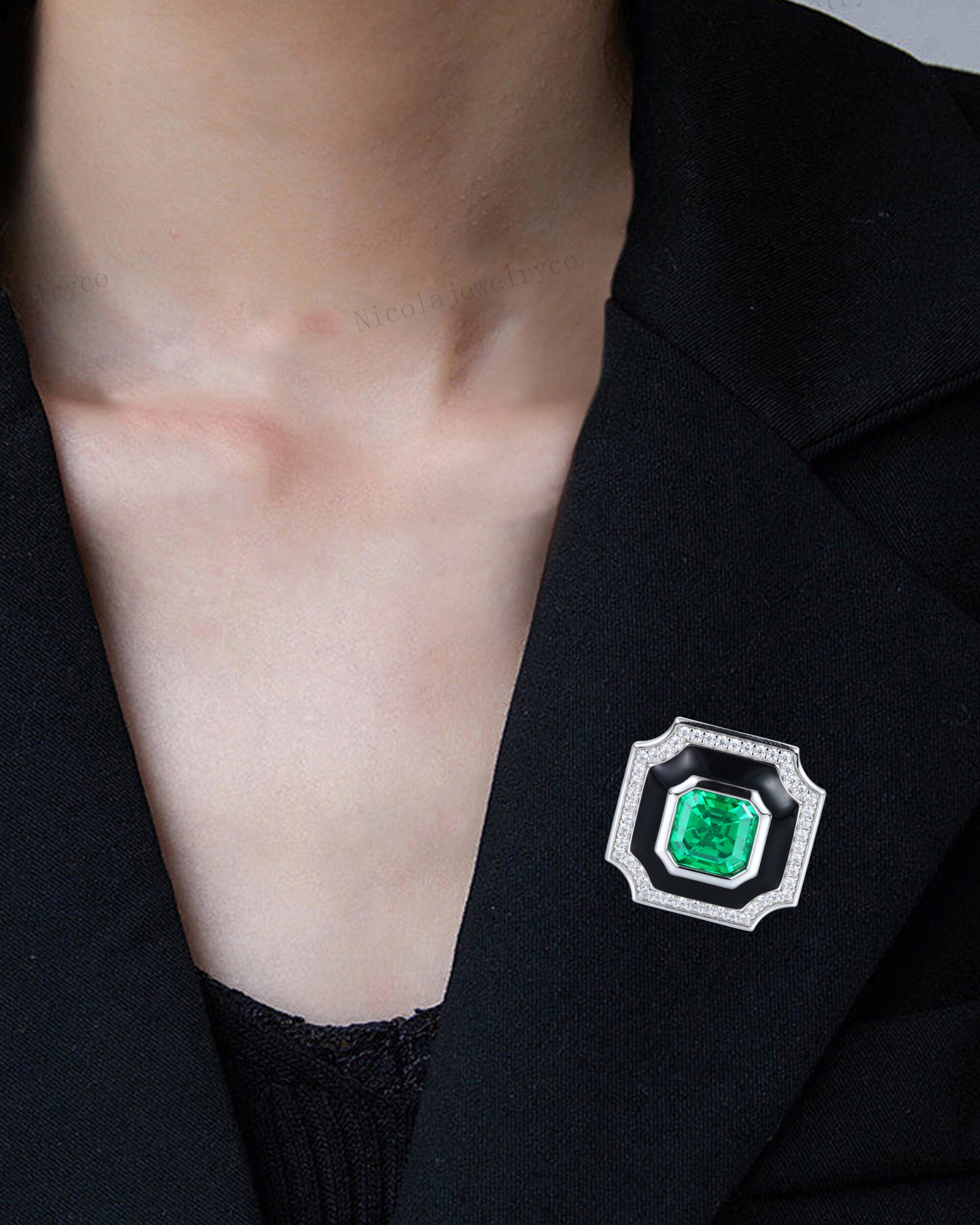 Vintage Emerald Brooch Octagon Shape Enameled Pedant Pins Sterling ...