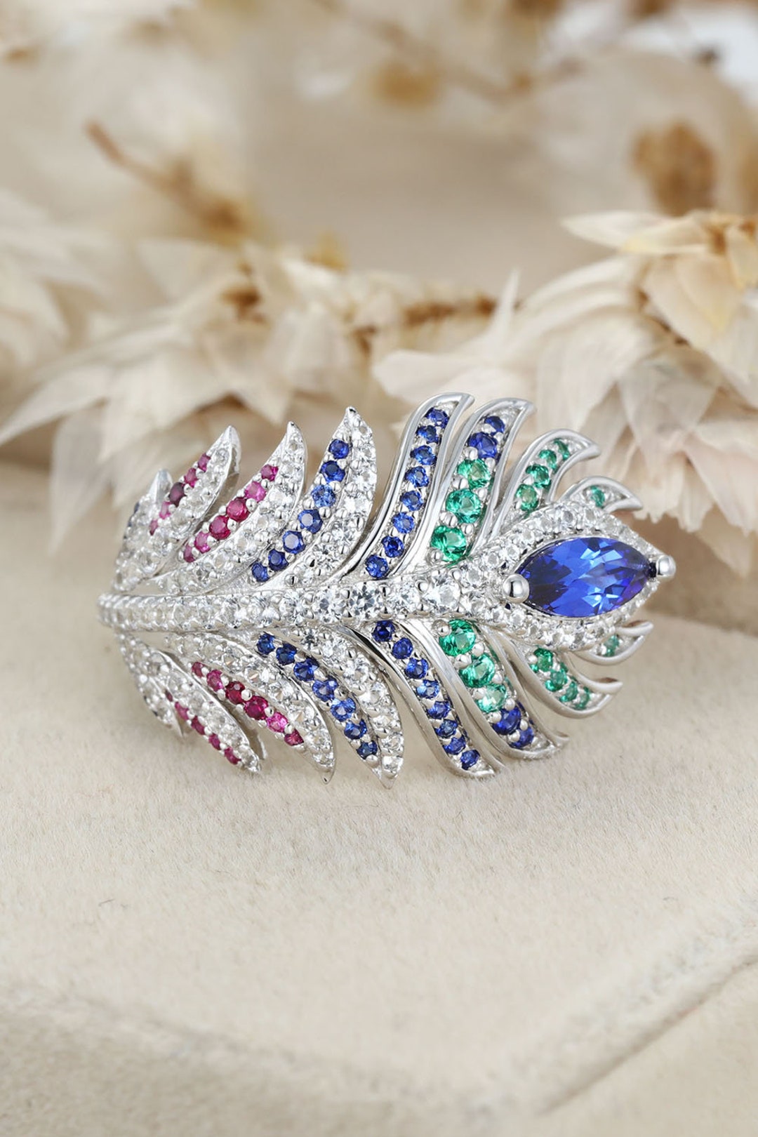 Blue Sapphire Peacock Engagement Ring Ruby Silver Feather Ring Sparky ...