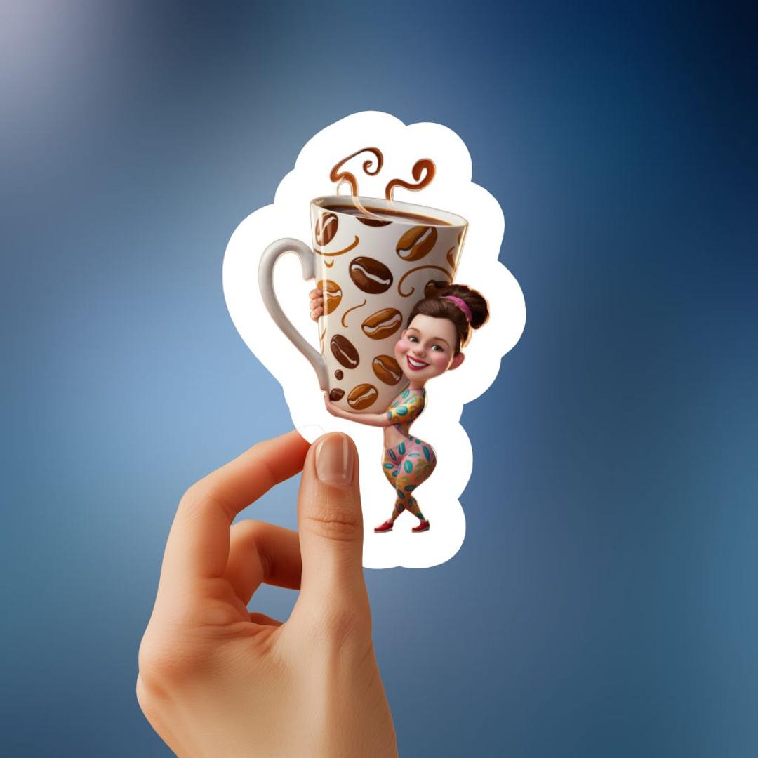 Coffee Addict Sticker Cute & Funny Chibi Woman With Giant Mug, Perfect ...