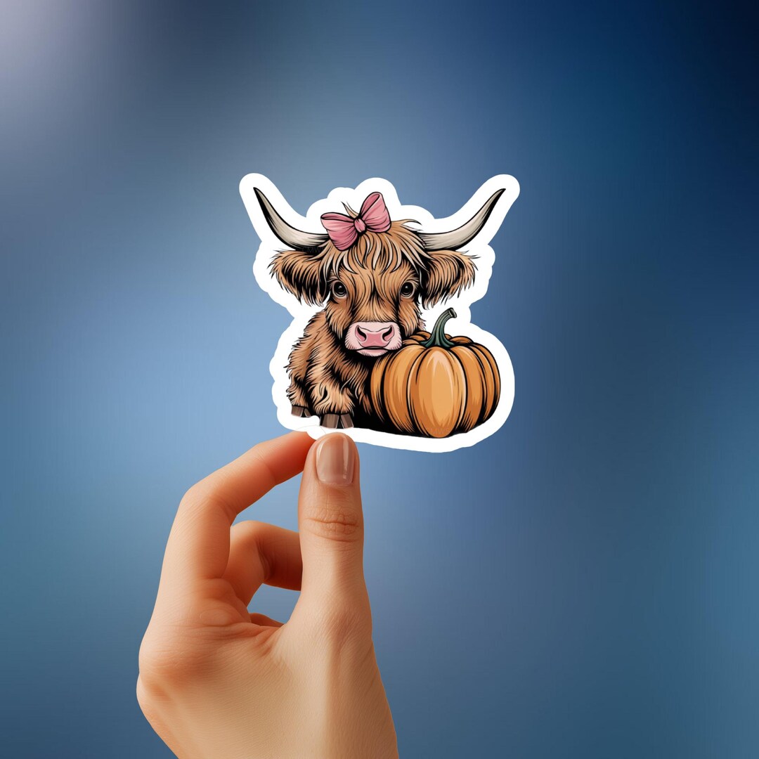 Adorable Fall Highland Cow With Pumpkin Sticker - Cute Autumn Decor ...
