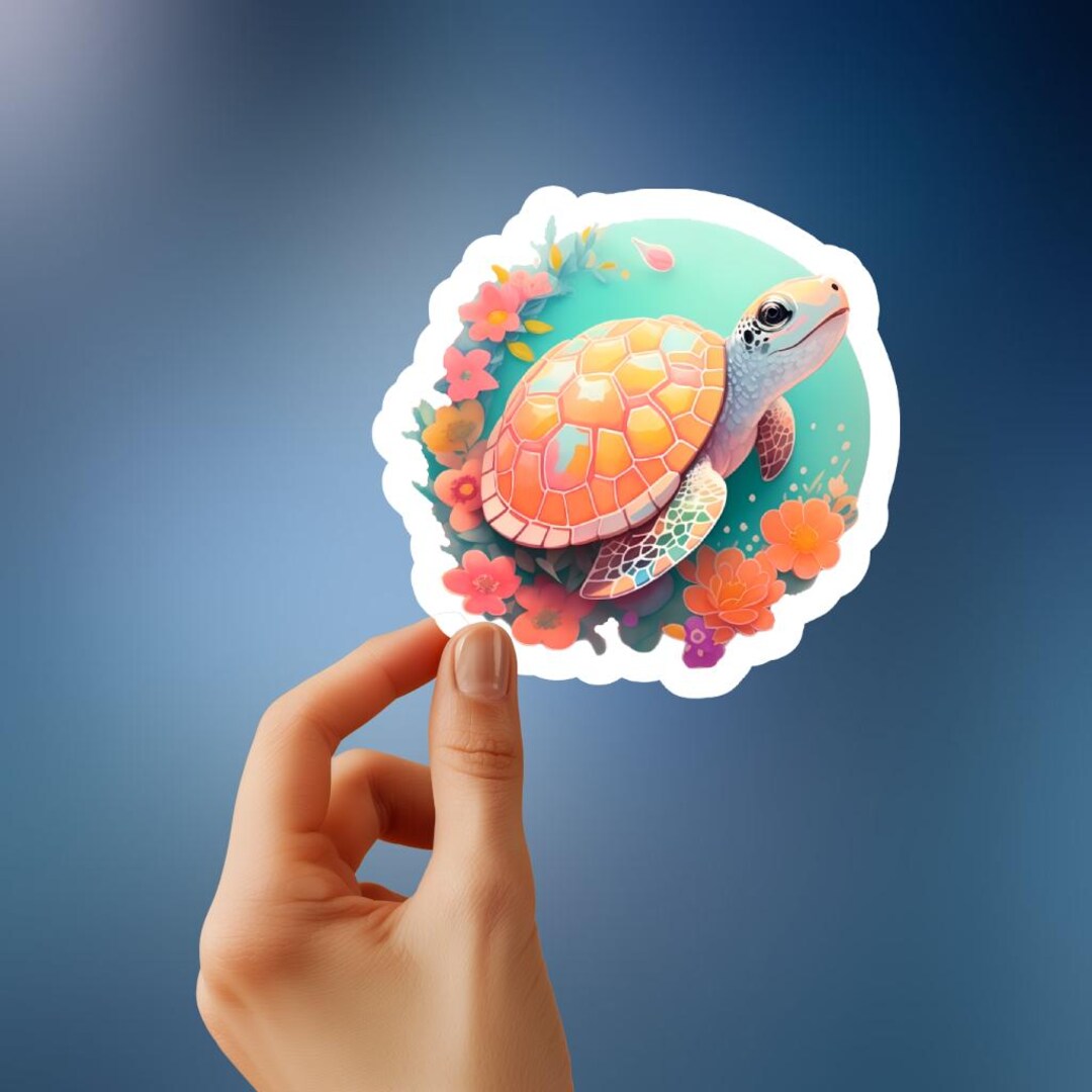 Cute Turtle Sticker With White & Orange Floral Pastel Colors - Adorable ...