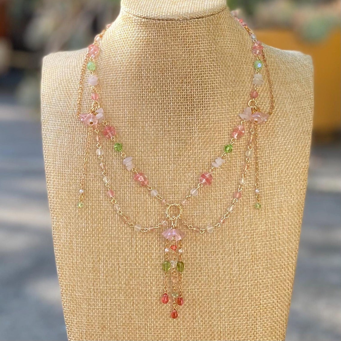 Natural Rose Quartz & Cherry Quartz Gold Fairy Necklace and Earring Set ...