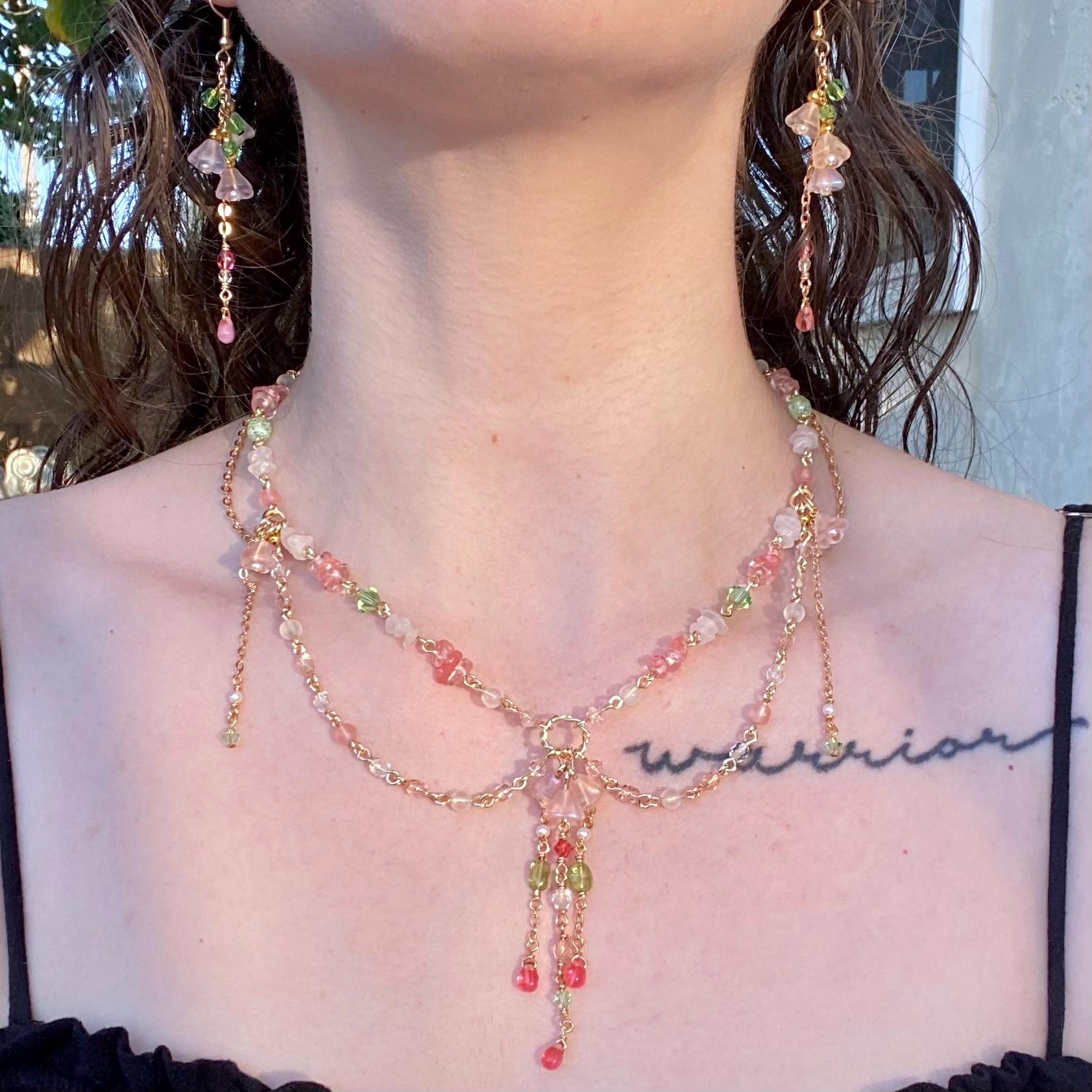 Natural Rose Quartz & Cherry Quartz Gold Fairy Necklace and Earring Set ...