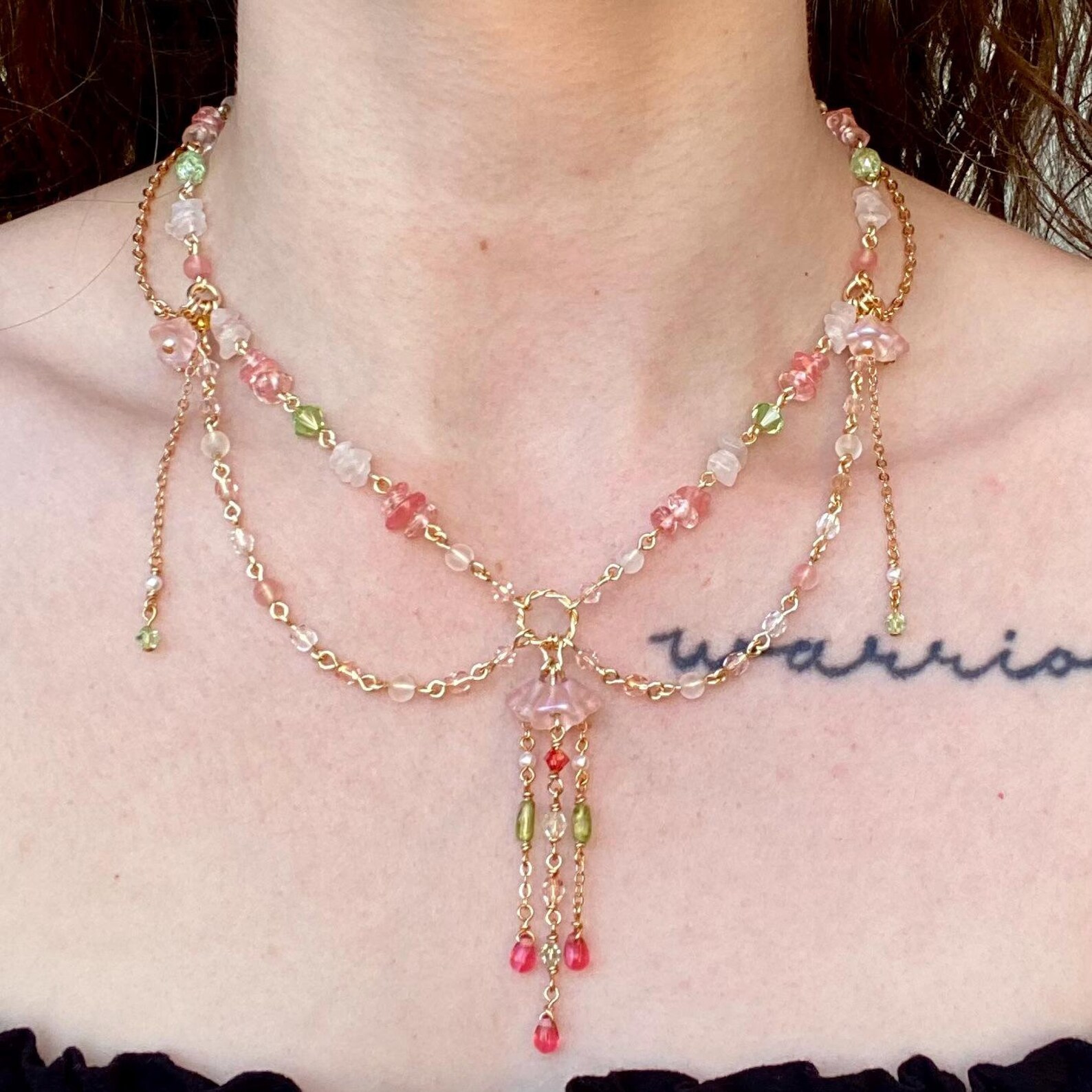 Natural Rose Quartz & Cherry Quartz Gold Fairy Necklace and Earring Set ...