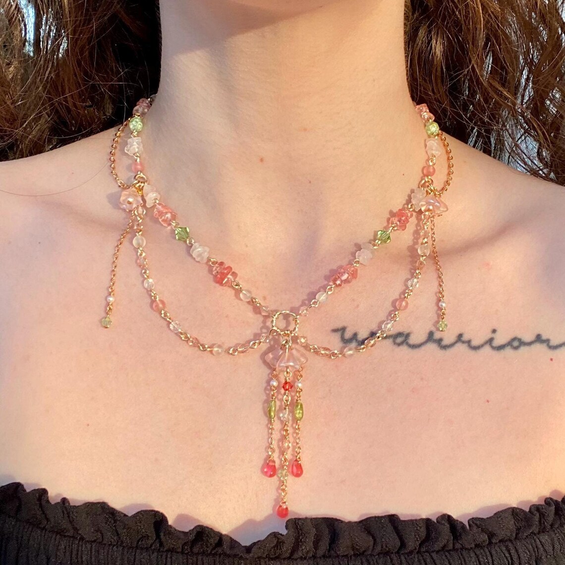 Natural Rose Quartz & Cherry Quartz Gold Fairy Necklace and Earring Set ...