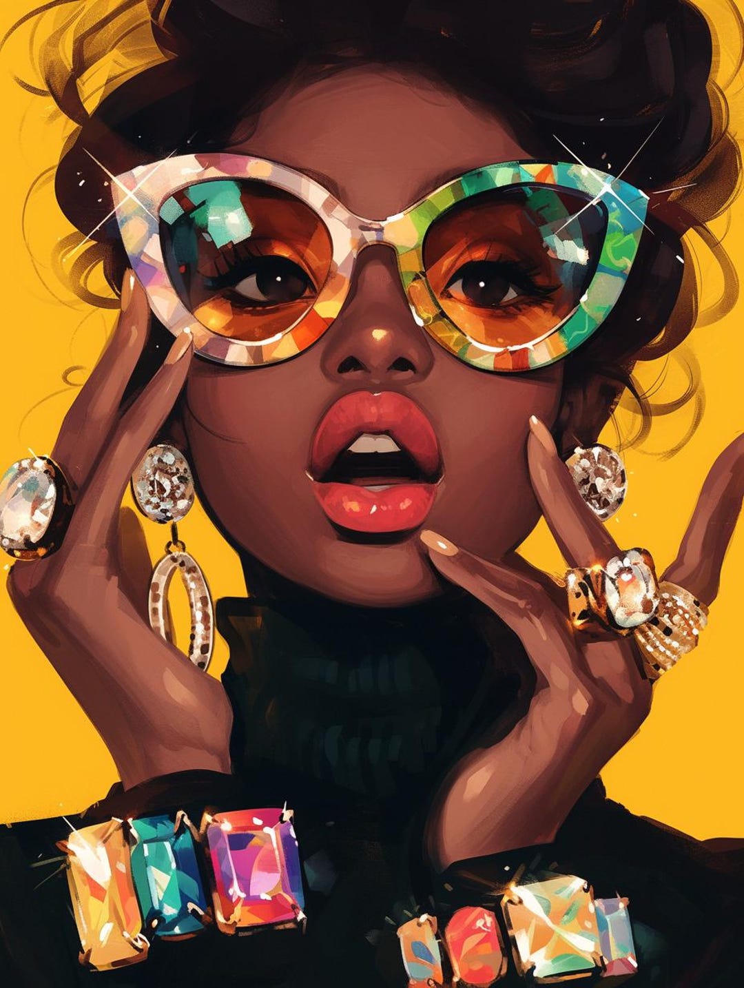 Glam Diva Art Print: Jewel Glasses Fashion Illustration (digital ...