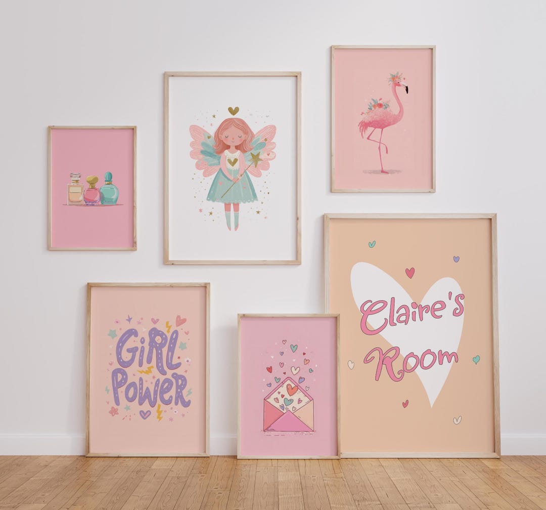 Custom Girls Wall Art - Set of 6 Prints Girls Bedroom Prints, Pink ...