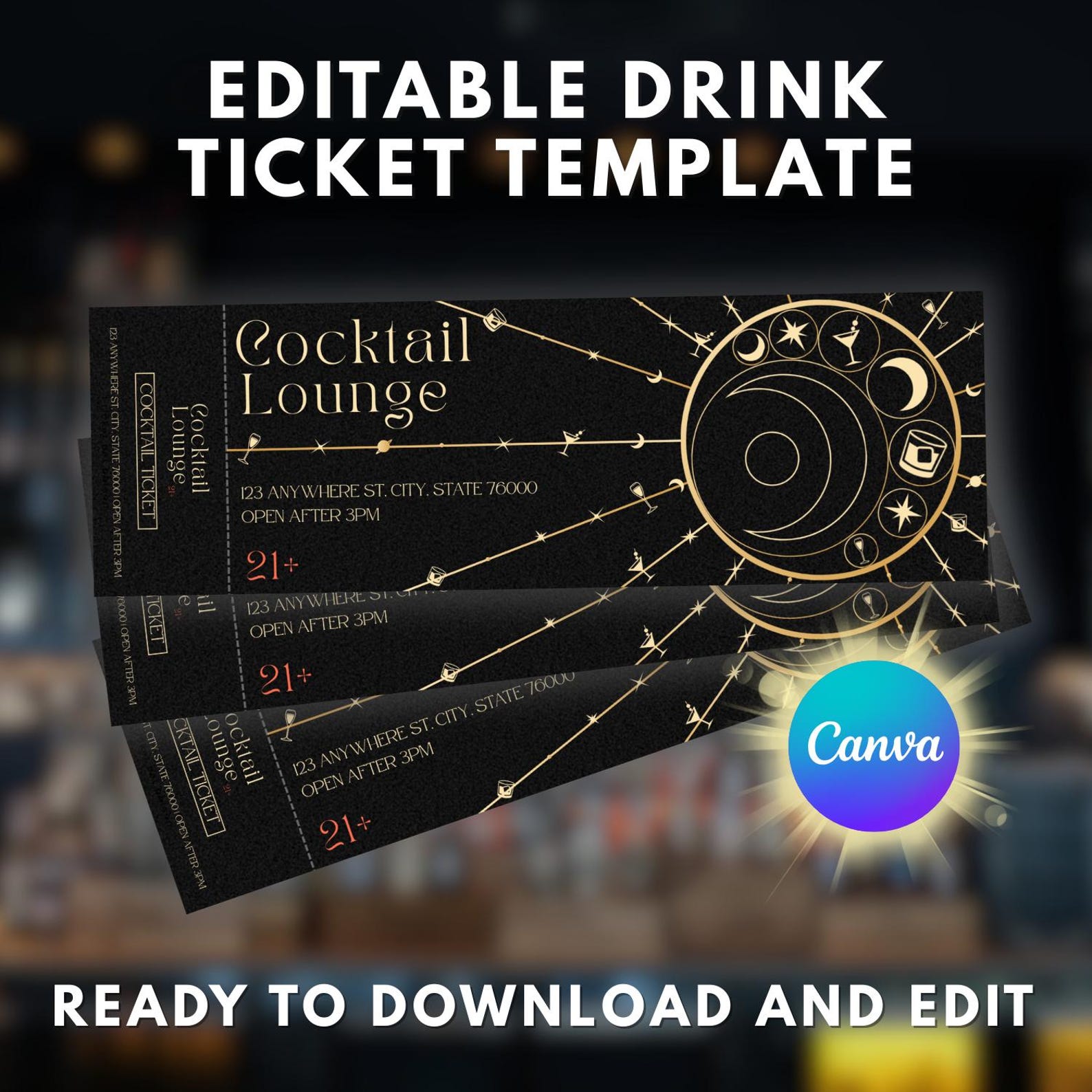 Editable Cocktail Ticket | Cocktail Voucher Template | Drink Ticket ...