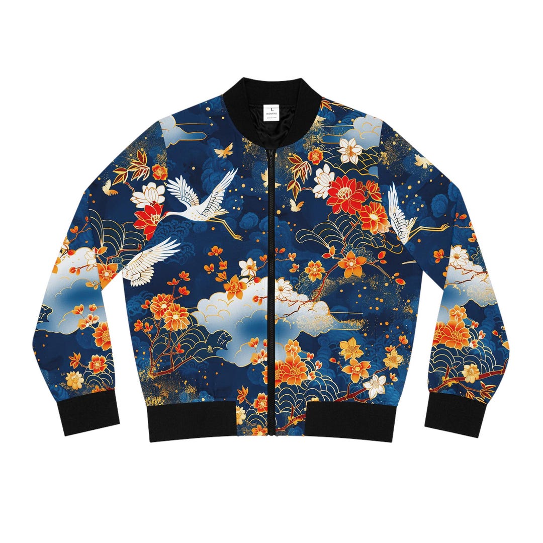 Japanese Crane Print Bomber Jacket: Asian Inspired Women's Outerwear - Etsy