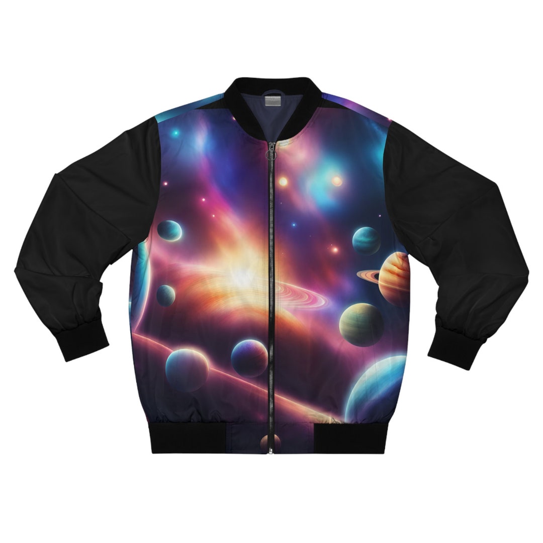 Celestial Theme Space Bomber Jacket, Planets Print Men's Coat, Galaxy ...