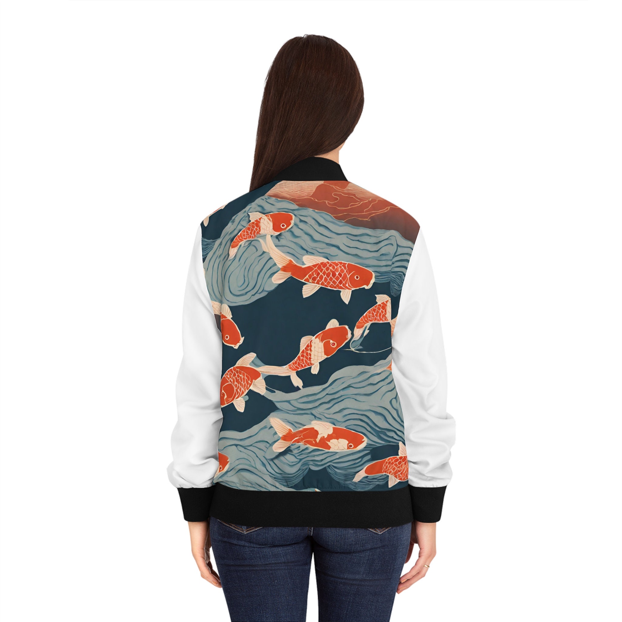 Women's Koi Fish Print Bomber Jacket, Asian-inspired Outerwear ...