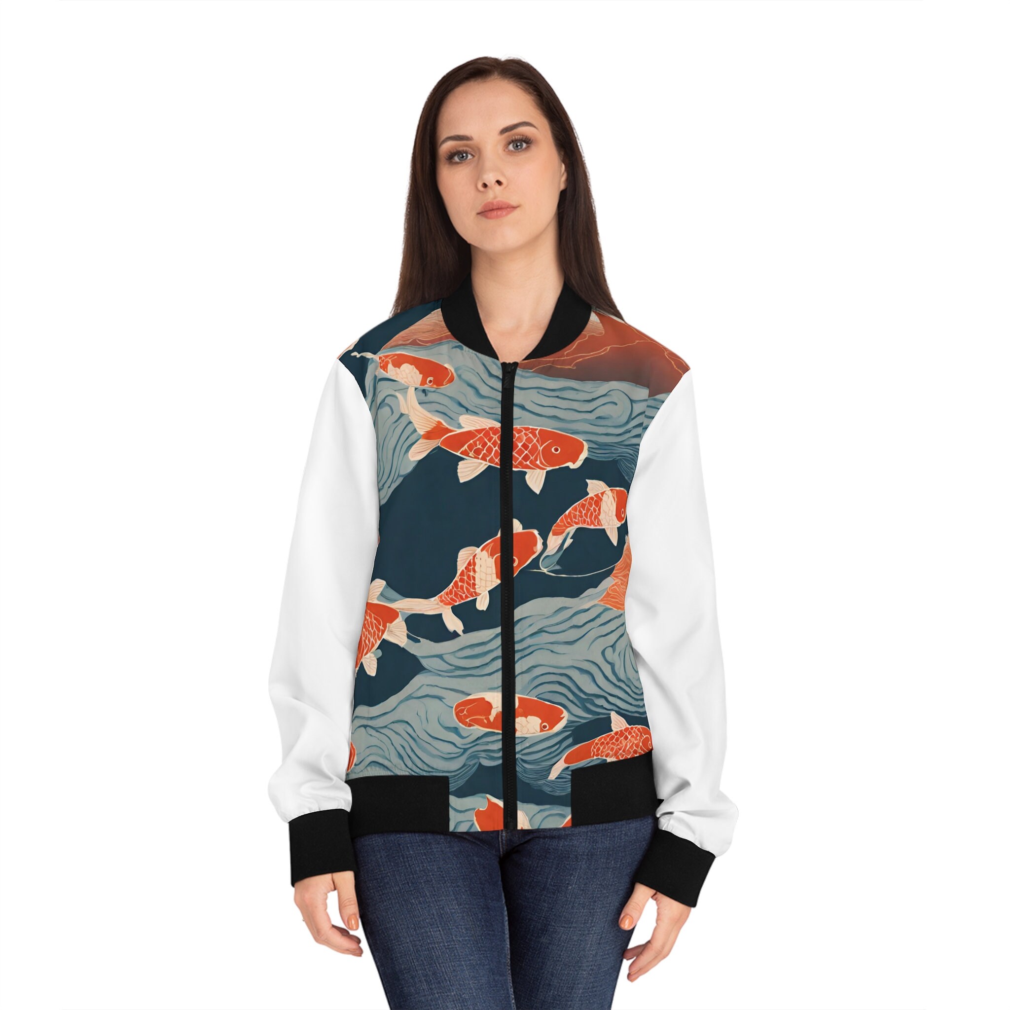 Women's Koi Fish Print Bomber Jacket, Asian-inspired Outerwear ...