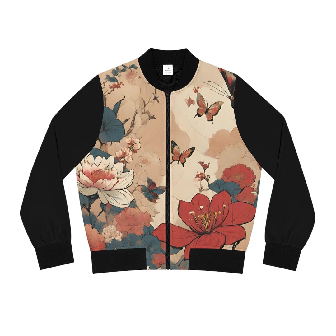 Retro Inspired Butterfly Design Bomber Jacket - Boho Chic Outerwear for Women - Etsy