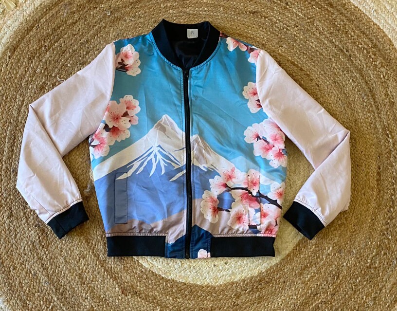 Trendy Women's Japanese Inspired Bomber Jacket, Floral Print Outerwear ...