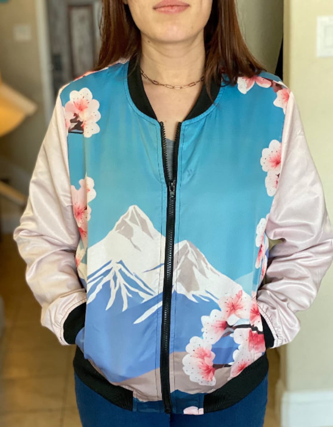 Trendy Women's Japanese Inspired Bomber Jacket, Floral Print Outerwear ...