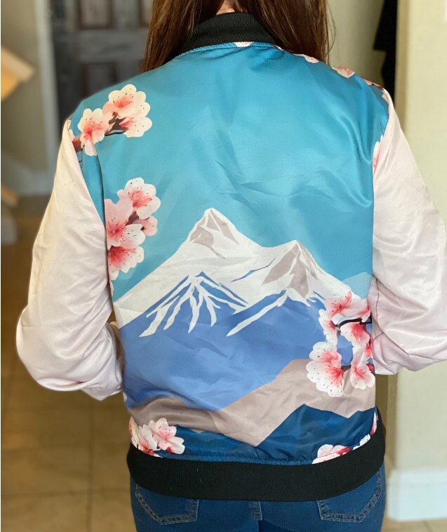Trendy Women's Japanese Inspired Bomber Jacket, Floral Print Outerwear ...