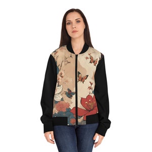 Retro Inspired Butterfly Design Bomber Jacket - Boho Chic Outerwear for ...