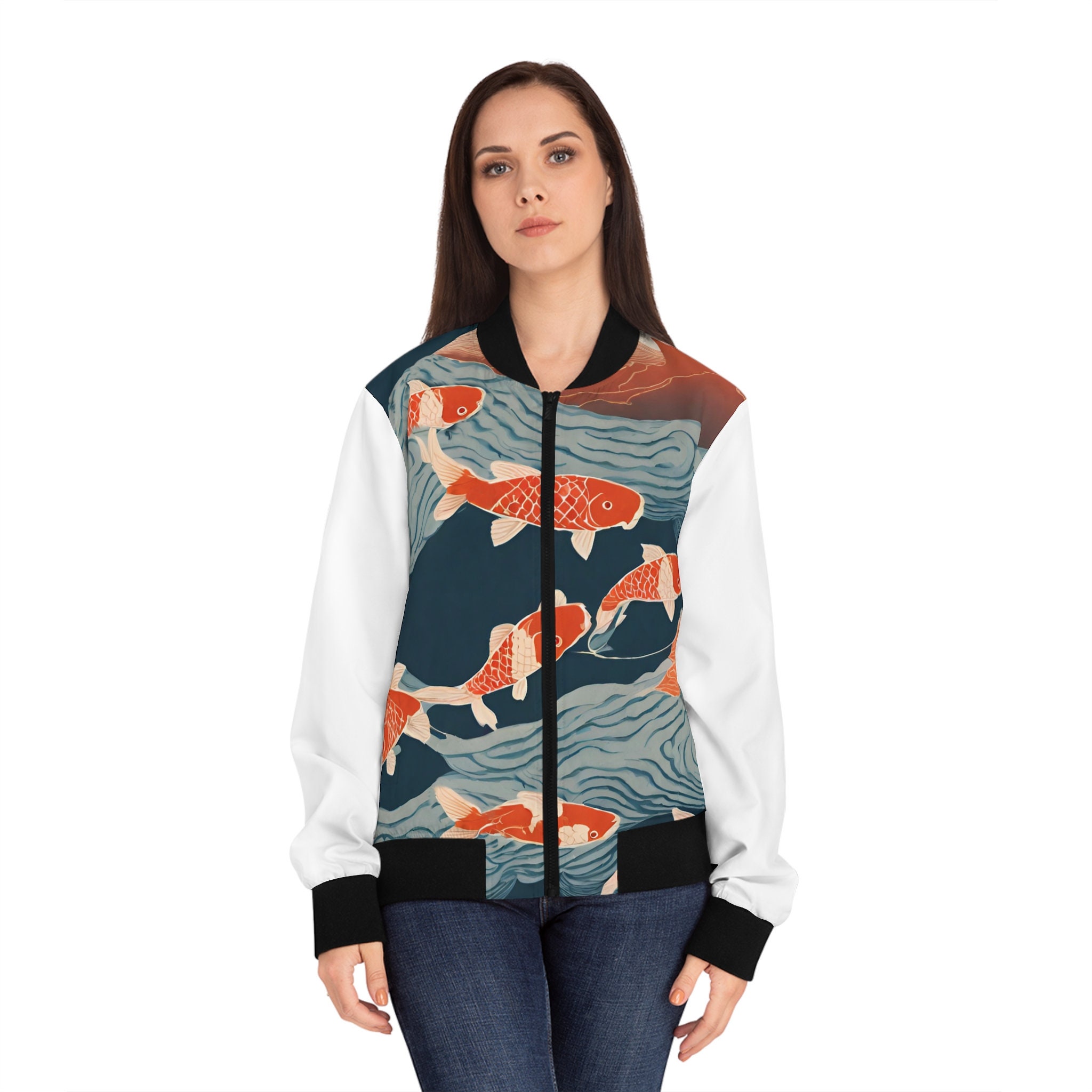 Women's Koi Fish Print Bomber Jacket, Asian-inspired Outerwear ...