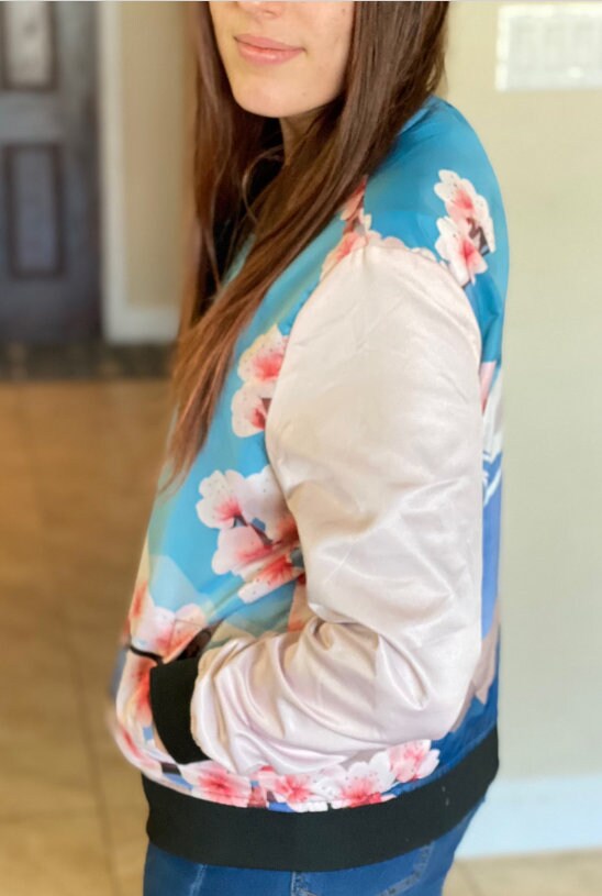 Trendy Women's Japanese Inspired Bomber Jacket, Floral Print Outerwear ...