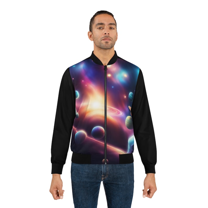 Celestial Theme Space Bomber Jacket, Planets Print Men's Coat, Galaxy ...