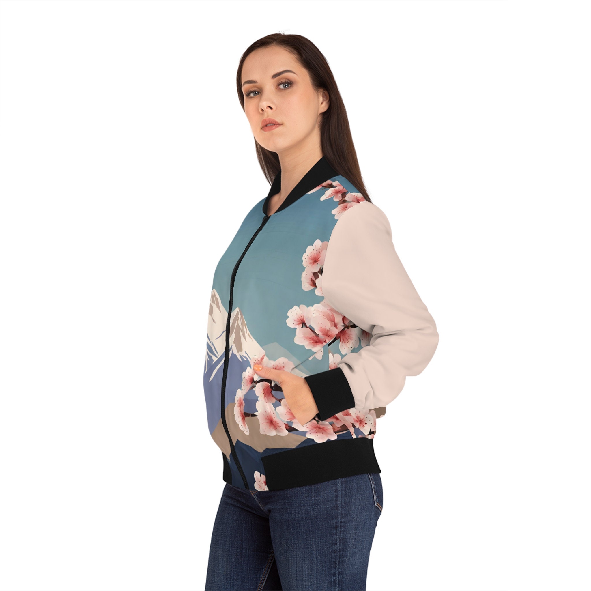 Trendy Women's Japanese Inspired Bomber Jacket, Floral Print Outerwear ...