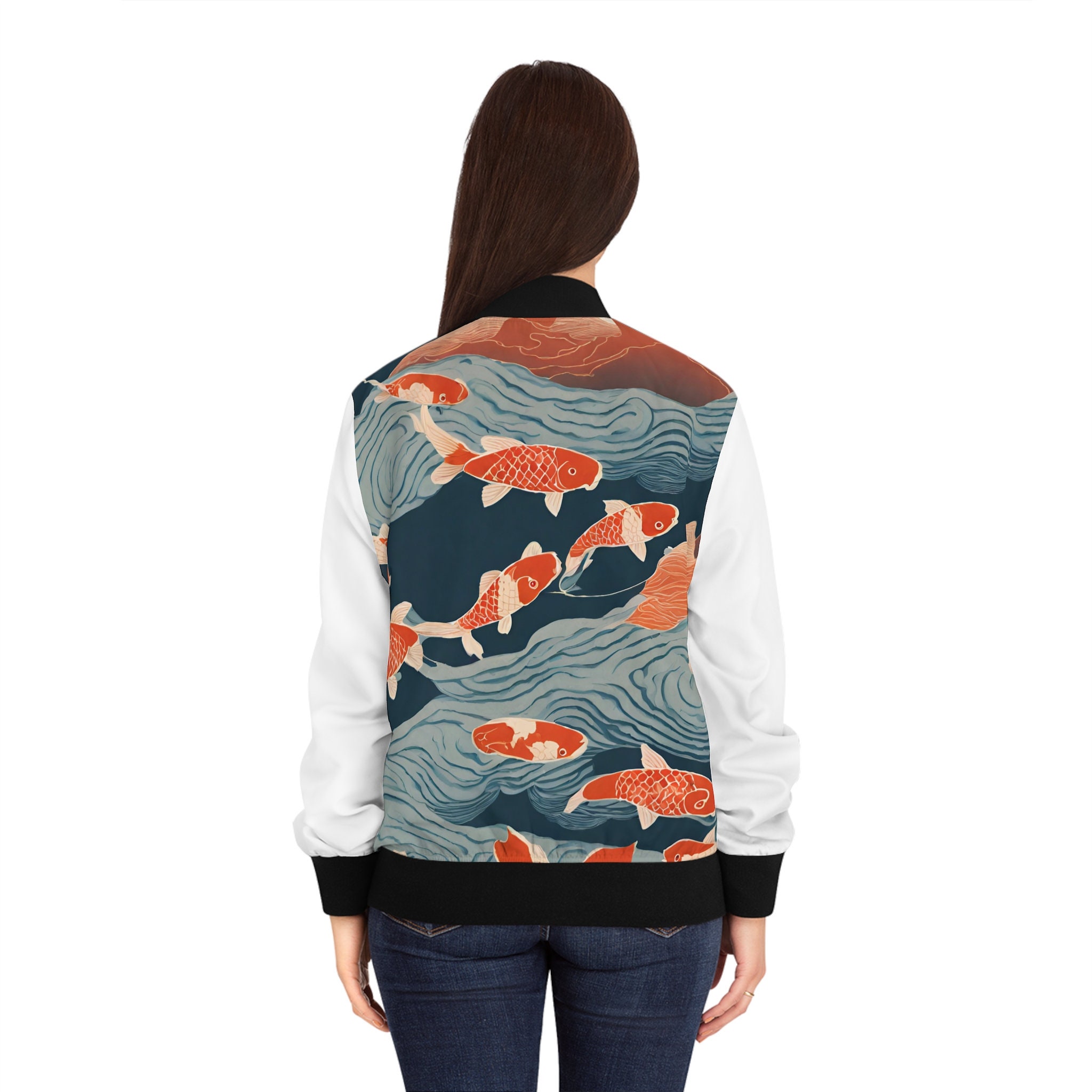 Women's Koi Fish Print Bomber Jacket, Asian-inspired Outerwear ...